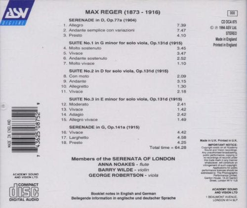 REGER: Vol. 1 - Serenades - The Serenata Of London, Anna Noakes, Barry ...