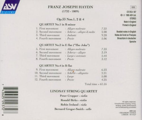 HAYDN: String Quartets Op. 33 - Nos. 1, 2 & 4 - The Lindsays – ClassicSelect World