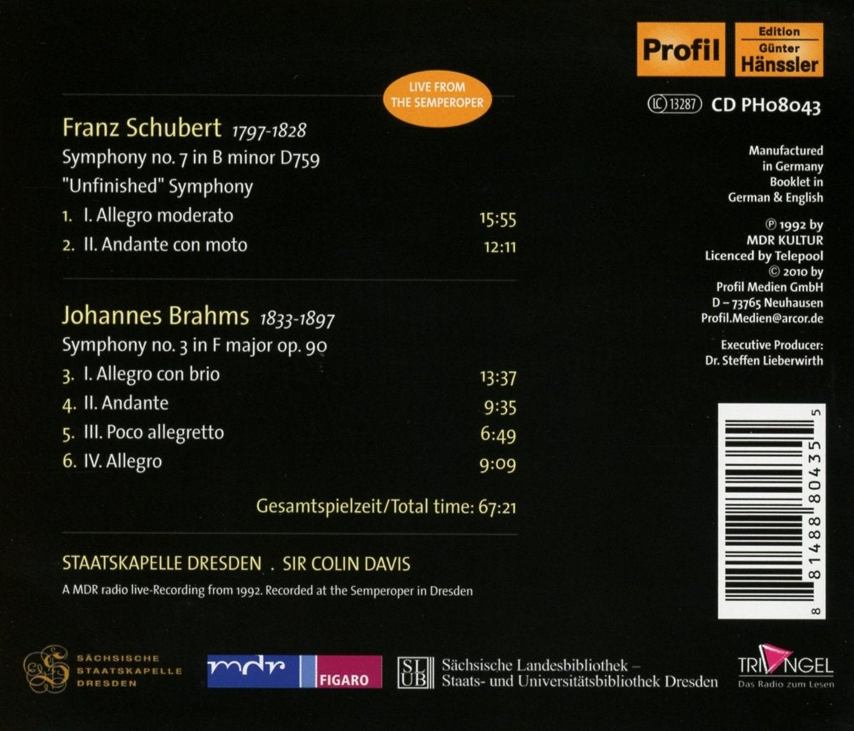 Schubert: Symphony No. 8 "Unfinished", Brahms: Symphony No. 3 - Staats – ClassicSelect World