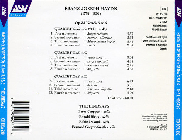 HAYDN: String Quartets Op. 33 - Nos. 3, 5 & 6 - The Lindsays – ClassicSelect World