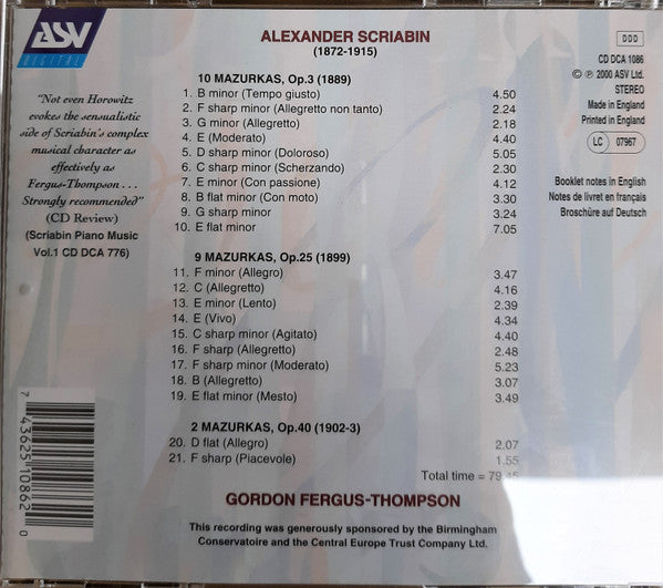 SCRIABIN: Complete PIano Works - The Mazurkas - Gordon Fergus-Thompson ...