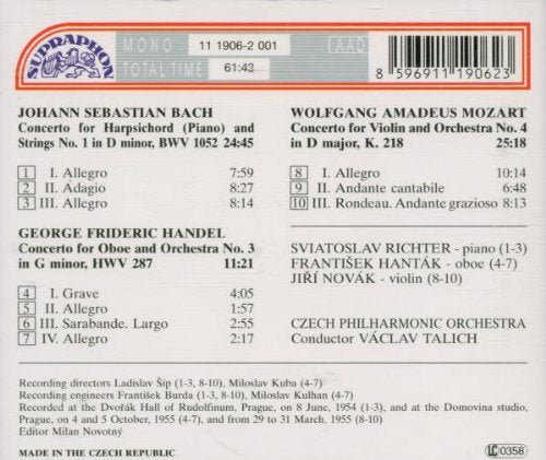 Bach, Händel, Mozart: Concerti - Richter, Hantak, Novak, Talich, Czech ...