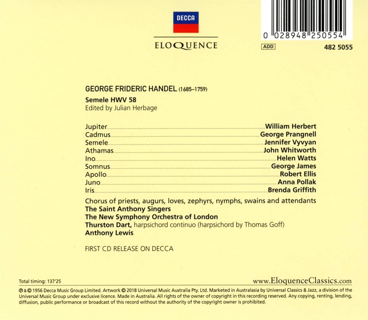 HANDEL: SEMELE - WATTS, LEWIS, NEW SYMPHONY ORCHESTRA, ST. ANTHONY SIN ...