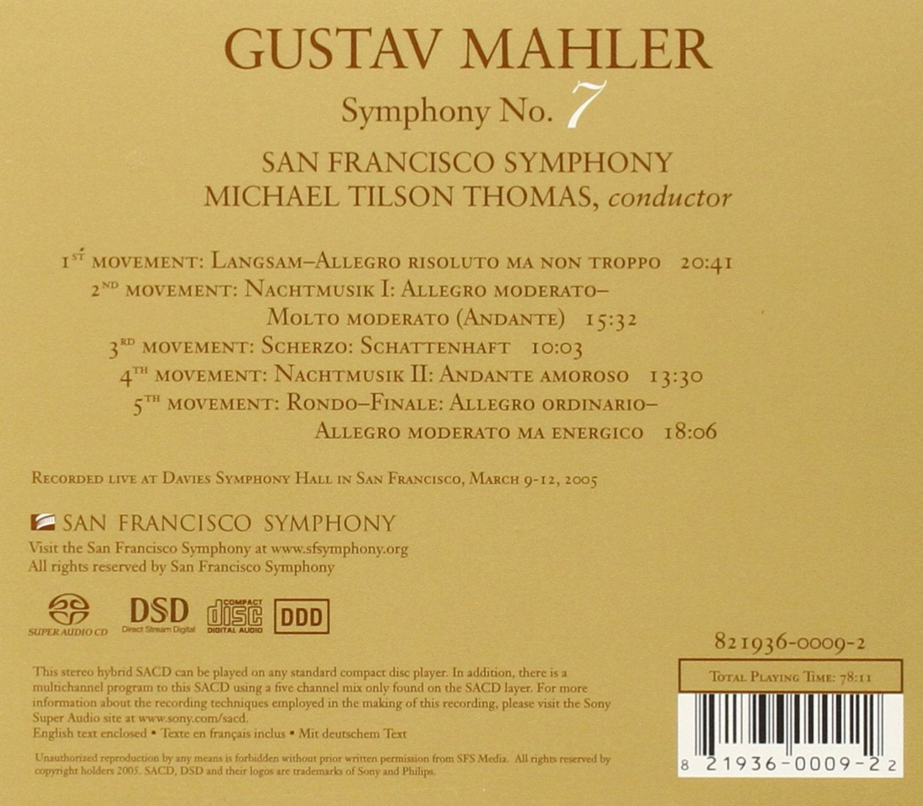 MAHLER: SYMPHONY No. 7 - Tilson-Thomas, San Francisco Symphony (HYBRID ...