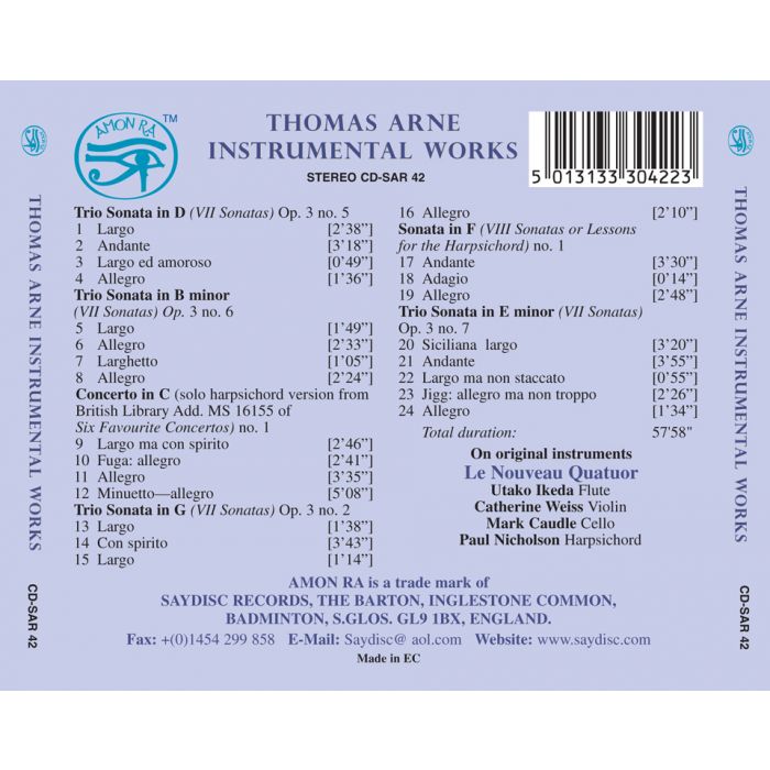 Arne: Instrumental Works (Trio Sonatas & Harpsichord Solos) - Le Nouve ...